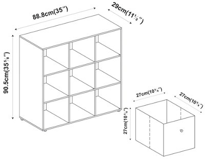 9 Cube Black Wooden Bookcase Shelving Unit with 5 Collapsible Fabric ...