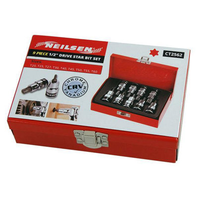 9 Piece 1/2 Drive Star Bit Socket Set In Red Tray Star Torx Set ...