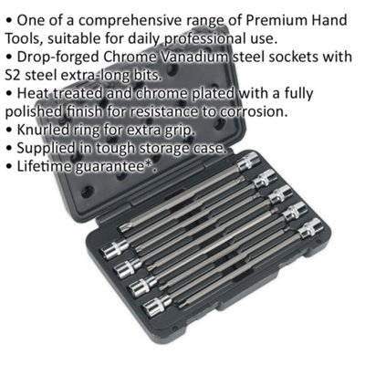 9-Piece Extra Long TRX Star Socket Bit Set for 3/8" Drive - T10 to T50