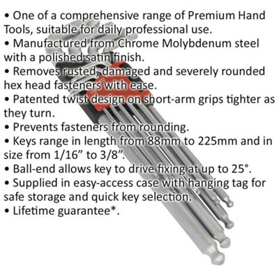 9 Piece Lock-On Ball-End Hex Key Set - Imperial Sizing - 88mm to 225mm ...