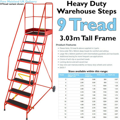 9 Tread HEAVY DUTY Mobile Warehouse Stairs Anti Slip Steps 3.03m Safety ...