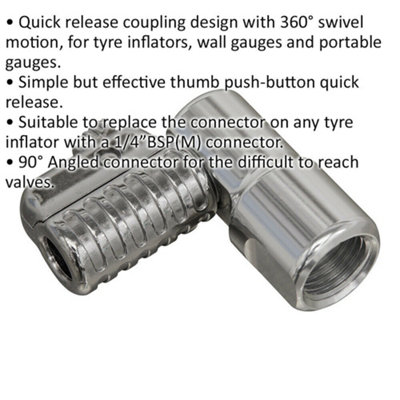90 DEGREE 1/4" BSP FEMALE TYRE INFLATOR CONNECTOR WITH 360 DEGREE ...