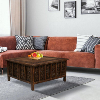 90 x 90 x 45 cm Big Square Coffee Table Mango Wood Carved Antique ...