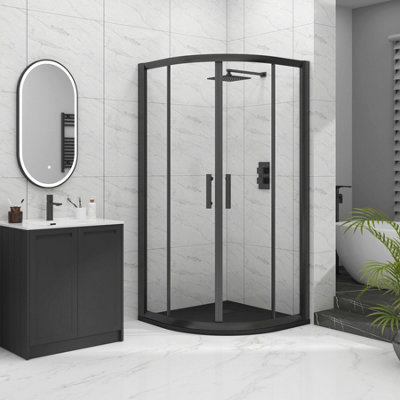 900 x 900mm Matt Black Quadrant Shower Enclosure with Black Stone Tray ...