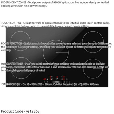 90cm 9300W 4 Zone Electric Induction Hob - Black Glass Touch Control Flush | DIY at B&Q