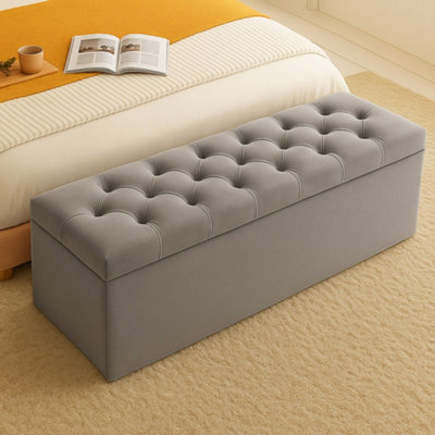 90cm Chesterfield Ottoman Storage Box- Plush Velvet Shoe Bench - Grey ...