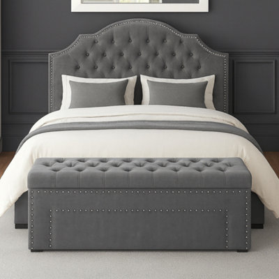 90cm Duke Ottoman Storage Box -Upholstered Blanket Box - Grey Plush ...