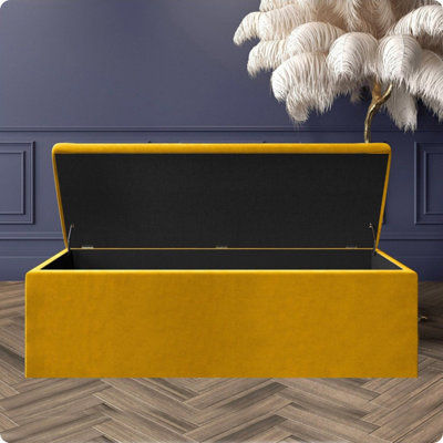 90cm Large Plain Safar Storage Ottoman Box, Mustard Gold Plush Velvet ...