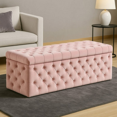 90cm Wide Lux Ottoman Storage Box, Pink Velvet Upholstered Chesterfield ...