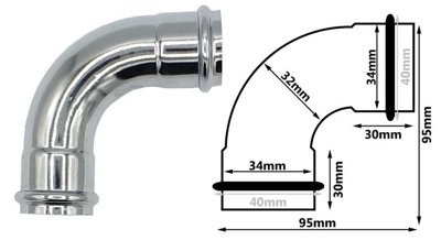 90deg Elbow 34mm Drain Waste Trap Chrome Replacement 95mm Long + 2x Gasket