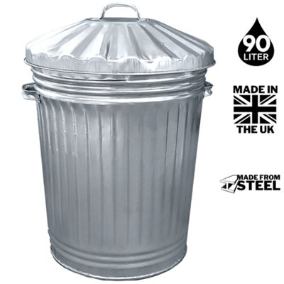 90L Vintage Retro Bin - Galvanised Dustbin Metal Bin