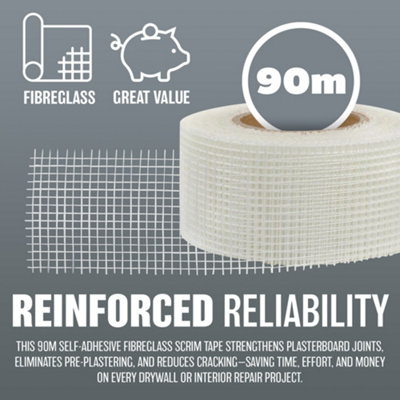 90m Self Adhesive Scrim Tape Plastering Mesh Strong Fibreglass ...