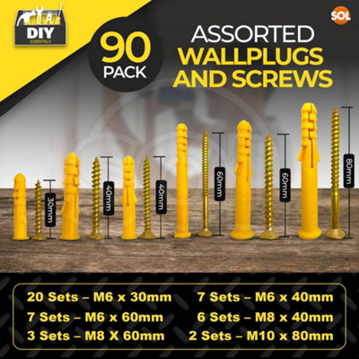 90pk Assorted Screws and Wall Plugs Set, 30/40/60/80mm Wall Plugs and ...