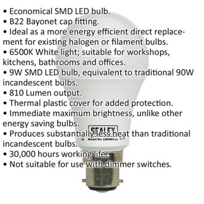 9W B22 SMD LED Light Bulb - Bayonet Cap Fitting - 6500k White Light ...