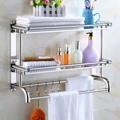 A Bathroom Storage Rack with Double-layered Storage Shelves and Hooks