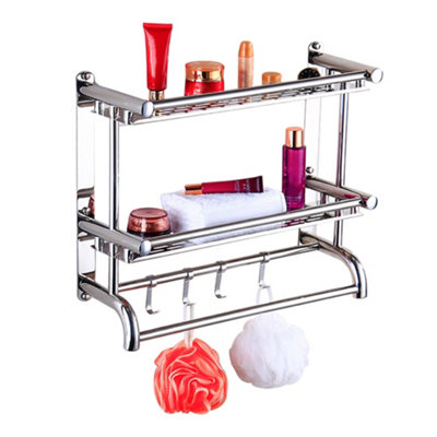 A Bathroom Storage Rack with Double-layered Storage Shelves and Hooks
