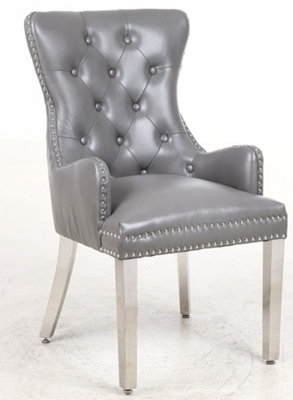 A Pair Grey Leather Aire Tuffted Metal Knocker& Studs Back Dining ...