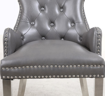 A Pair Grey Leather Aire Tuffted Metal Knocker& Studs Back Dining ...