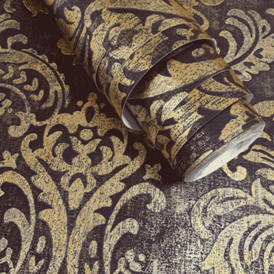 A.S. Creation David Vienna Black & Gold Damask Metallic Wallpaper 39112 ...