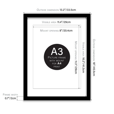 A3 Black Picture Frame With Mount for A4 (21 x 29.7cm -8.3 x 11.7in ...