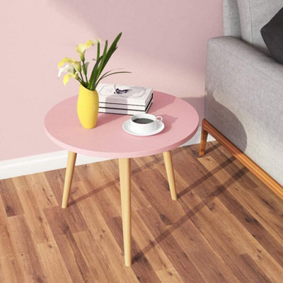 AAMEN Coffee Table Pink Modern Round Table with Three Solid Wooden Legs