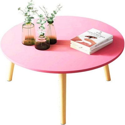 AAMEN Coffee Table Pink Modern Round Table with Three Solid Wooden Legs