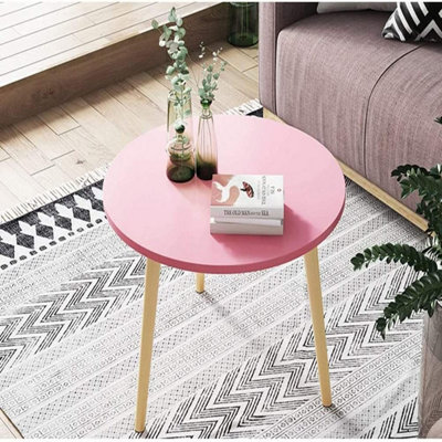 AAMEN Coffee Table Pink Modern Round Table with Three Solid Wooden Legs