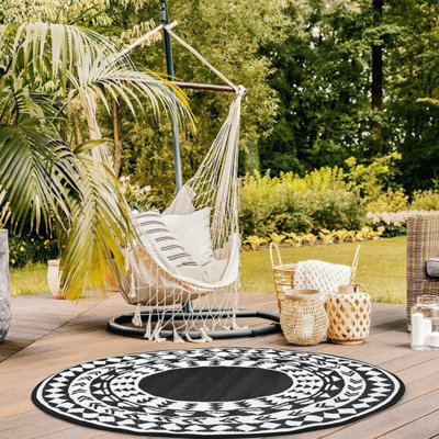 AAMEN Garden Rug Reversible Round Outdoor Lawn Carpet Waterproof Mat Black White
