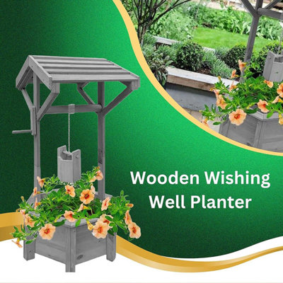 AAMEN Wooden Wishing Wells for Outdoors with Hanging Bucket, Flower Pot