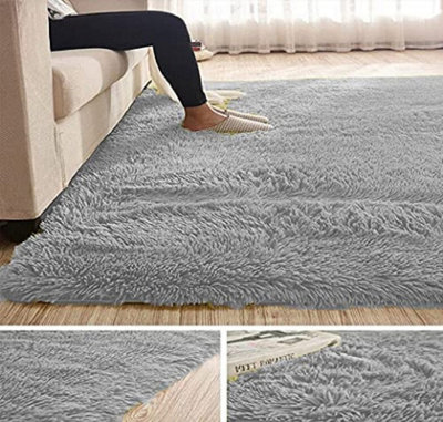 Abaseen 120x160 cm Silver Comfort Soft Fluffy Shaggy Bedroom Rugs For ...