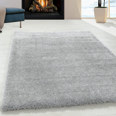 Abaseen 120x170cm Silver Cosy Shaggy Rug, Rectangular Extra Soft Touch 5cm Heavy Thick Pile ...