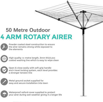 Abaseen 50m Grey Rotary Washing Lines Heavy Duty Folding 4 Arm Garden ...