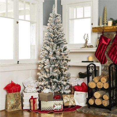 Abaseen 7FT Green Pre Lit Pencil Slim Snow Tipped Artificial Christmas Tree 220 LEDs Xmas Tree with 820 Tips