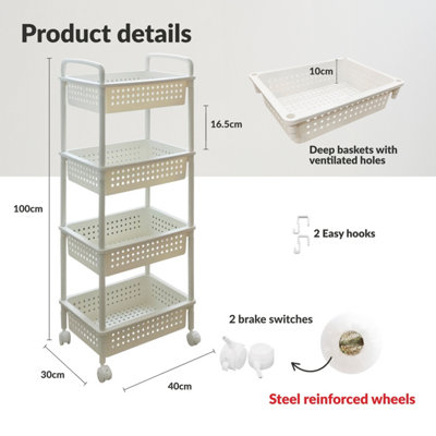 ABBAware 4 Basket Trolley Cart, Rolling Storage Multi-Functional with ...