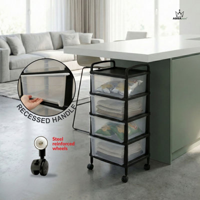 ABBAware 4-Tier Storage Drawer Tower on Wheels, Clear Drawers & Black ...