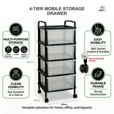 ABBAware 4-Tier Storage Drawer Tower on Wheels, Clear Drawers & Black ...