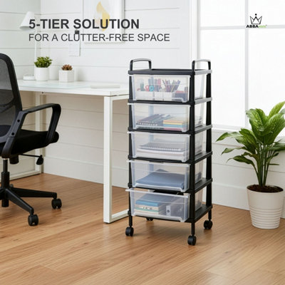 ABBAware 5-Tier Storage Drawer Tower on Wheels, Clear Drawers & Black ...