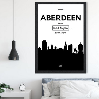 Aberdeen Black and White City Skyline Framed Print SIZE: A2 with Black ...