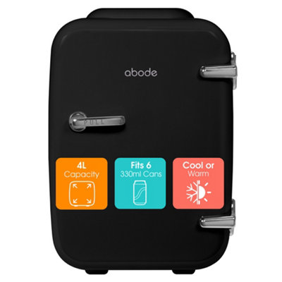 Abode Black Mini Fridge 4L Table Top 6 Can Cooler & Warmer For Drinks ...