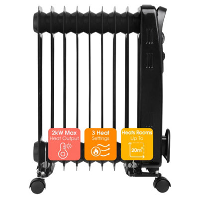 Abode Electric Heater 2000W 9 Fin Oil Filled Radiator Portable Black ...