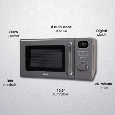 Abode Retro Microwave 20 Litre Grey Digital 800W, Mirror Finish, 8 Auto ...