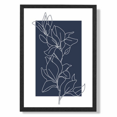 Abstract Navy Blue and White Floral Line Art Medium Poster with Black ...