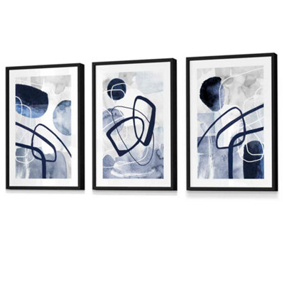 Abstract Navy Blue Shapes Set of 3 Prints Wall Art / 42x59cm (A2 ...