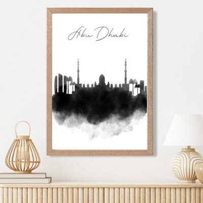 Abu Dhabi Watercolour Skyline City Framed Print SIZE: A3 with Oak Frame