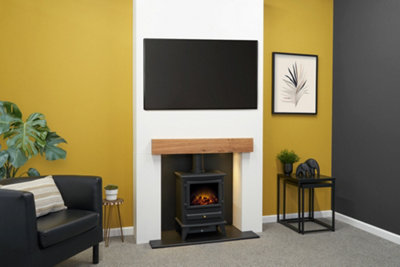 Acantha Pre-Built Stove Media Wall 1 with Hudson Electric Stove in Black