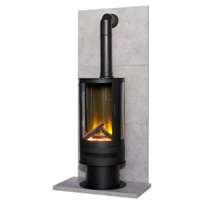 Acantha Tile & Hearth Set in Concrete Effect with Orbit Cylinder Stove ...