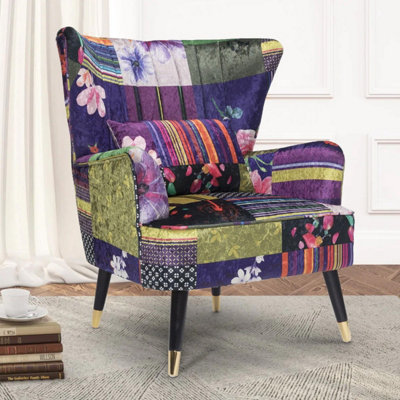 Accent Wingback Chair in Patchwork Fabric