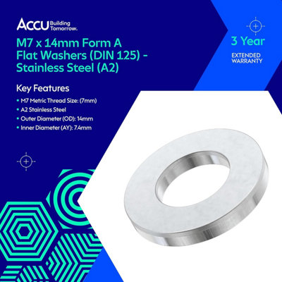 Accu - M7 x 14mm Form A Flat Washers (DIN 125) - Stainless Steel (A2 ...