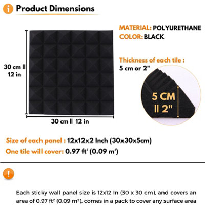 Acoustic Foam Wall Panels Pack of 12 Self-Adhesive (30x30x5cm) -Peel ...