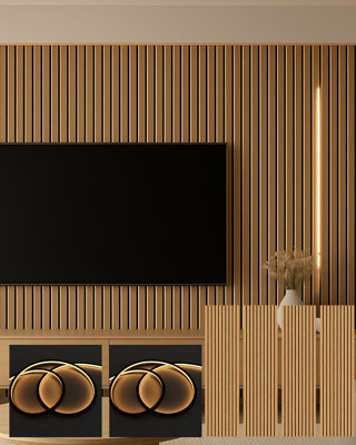 Acoustic panels and Lights bundle. Four Classic Oak slat panels and Black Flexi LED Kit x 2 strips